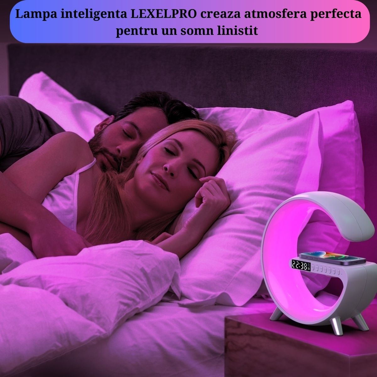 Lampa Inteligenta RGB LEXELPRO®, design modern, ceas digital cu alarma ...