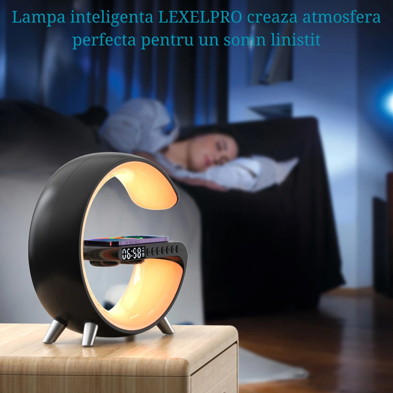 Lampa Inteligenta RGB LEXELPRO®, design modern, ceas digital cu alarma ...