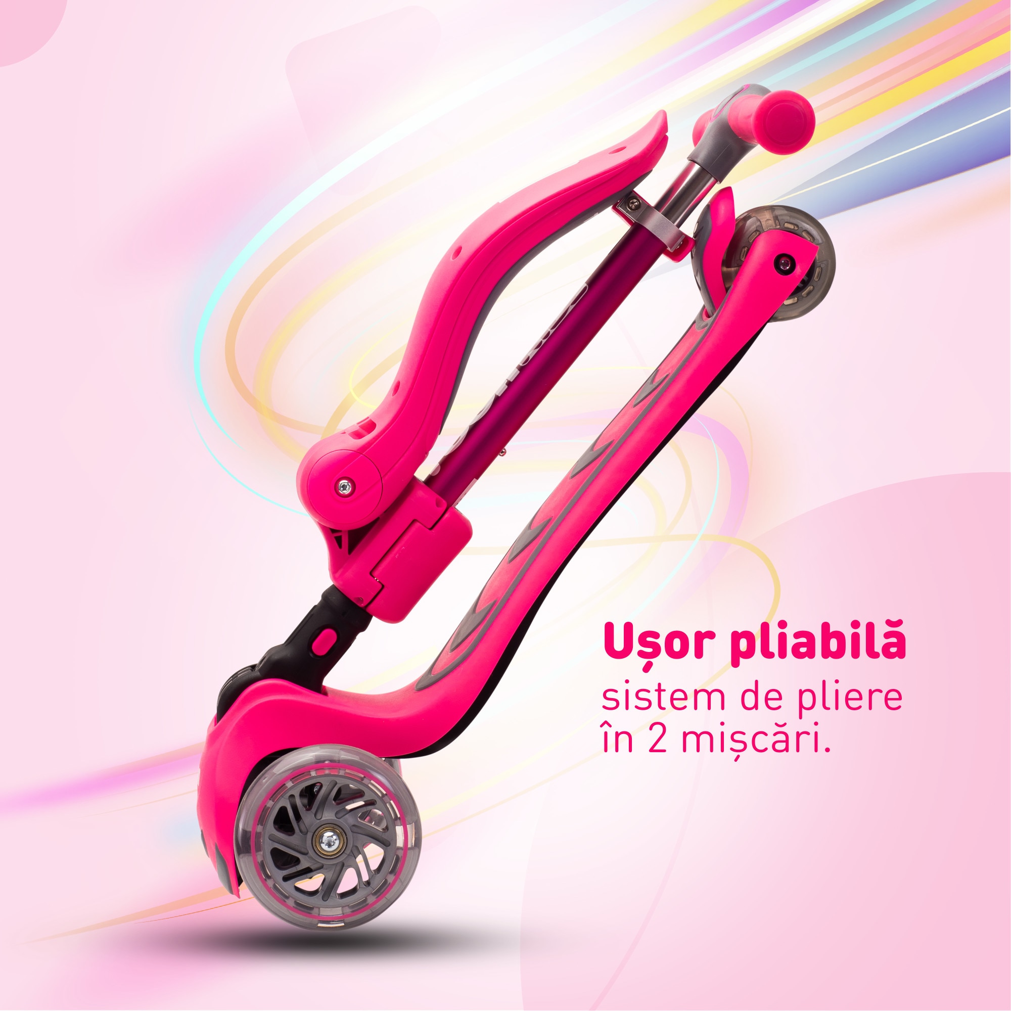 Trotineta copii 2-in-1 cu sezut TUGA RIDE 4Glow - Roz, pliabila, 18 ...