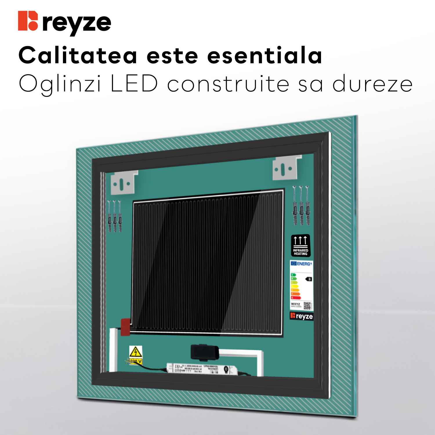 Oglinda LED 100x100 cm, LED Cald 3000K, functie dezaburire, butoane ...