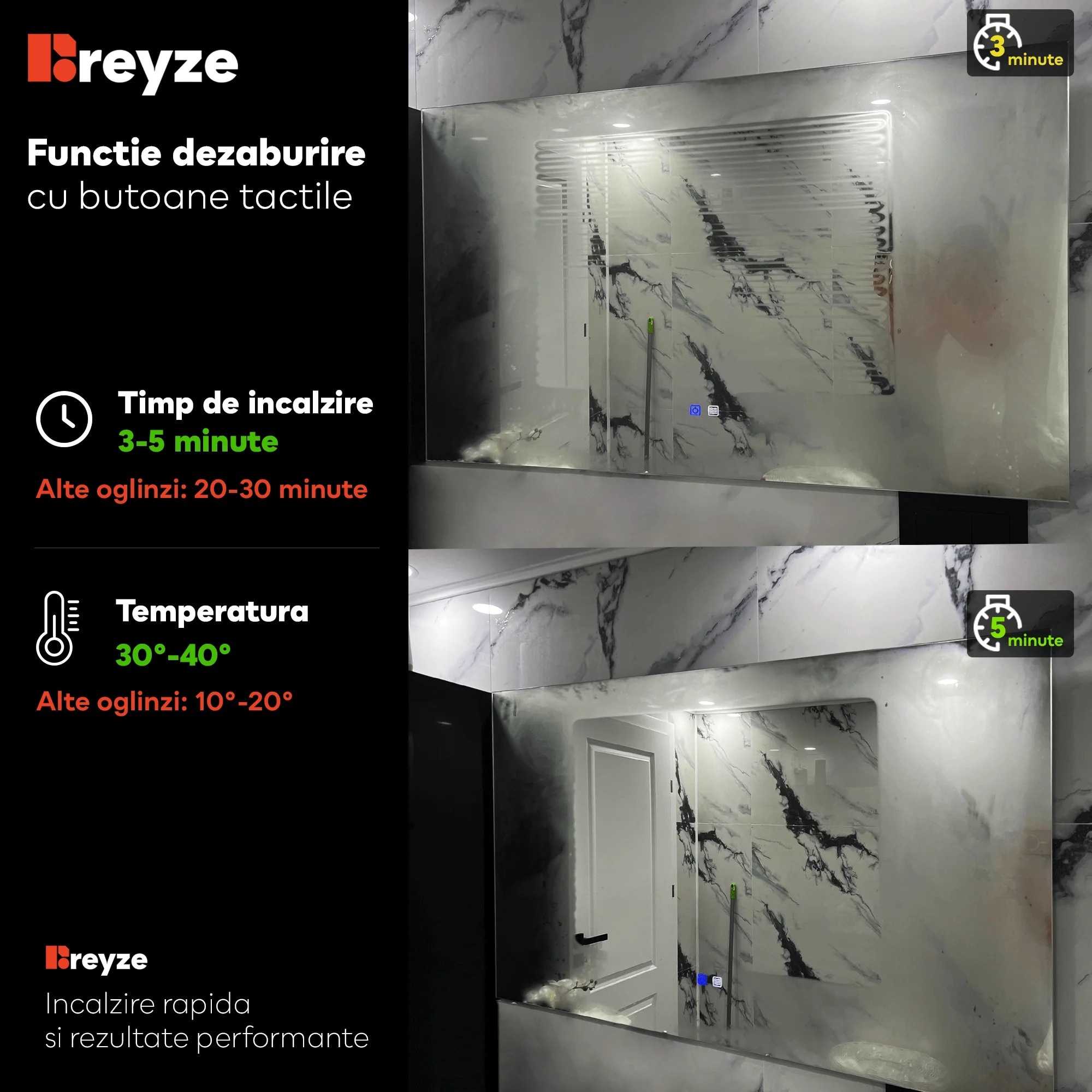 Oglinda LED 100x80 cm, LED Cald 3000K, functie dezaburire, butoane ...