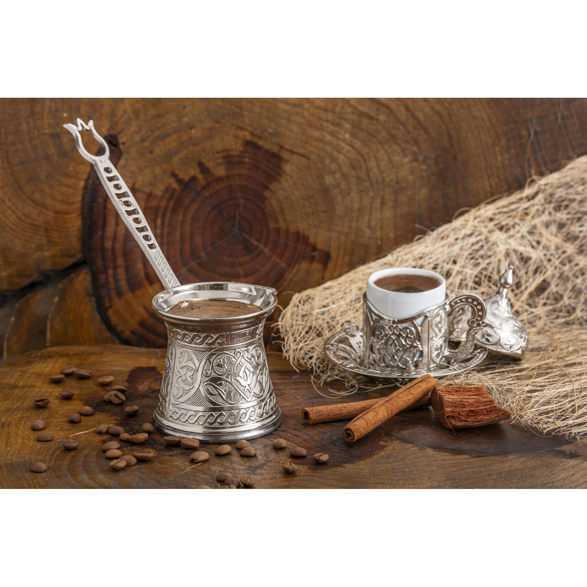 Set cafea turcesc 2 persoane, AYTEK model Lotus, 11 piese, Zamac si ...