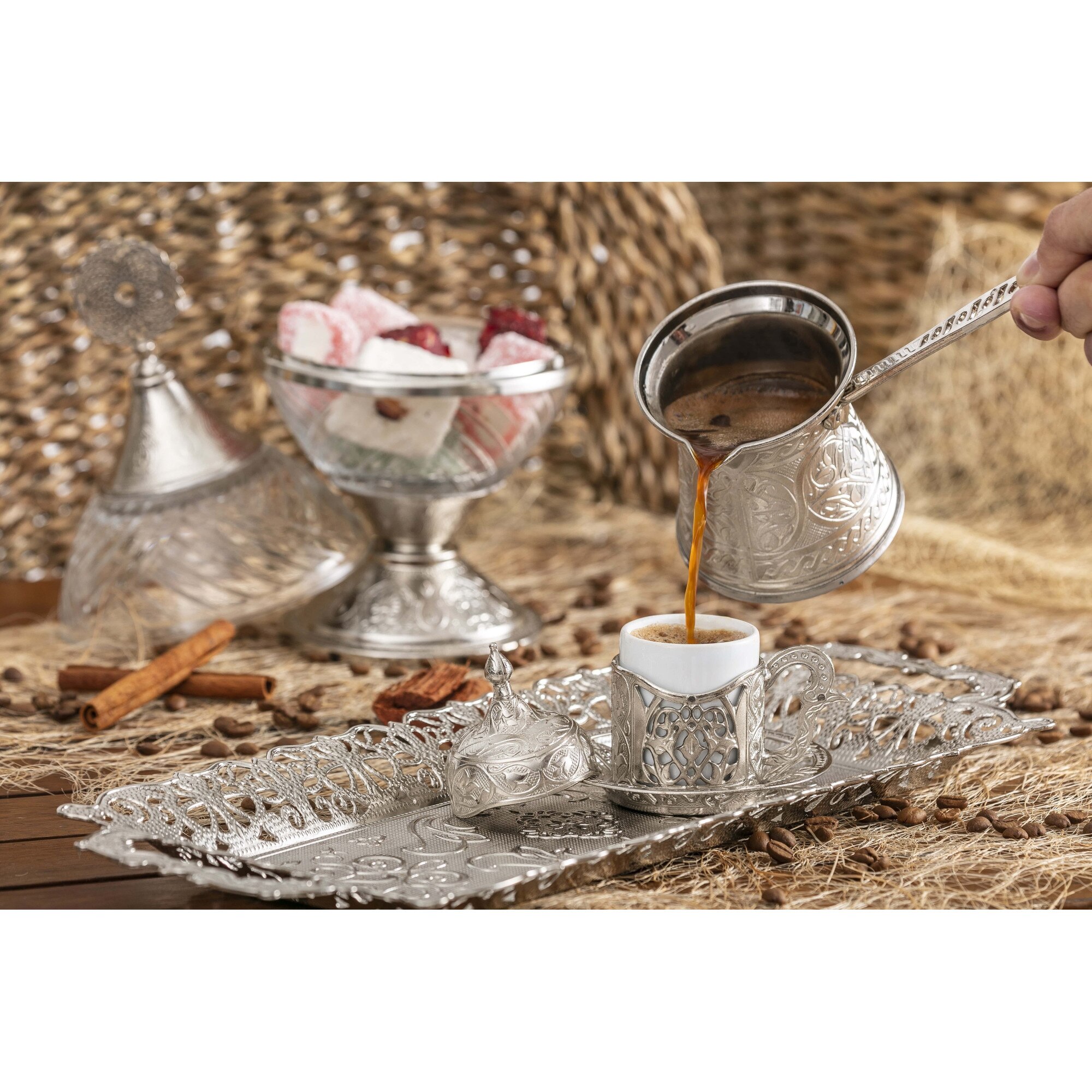 Set cafea turcesc 2 persoane, AYTEK model Lotus, 11 piese, Zamac si ...