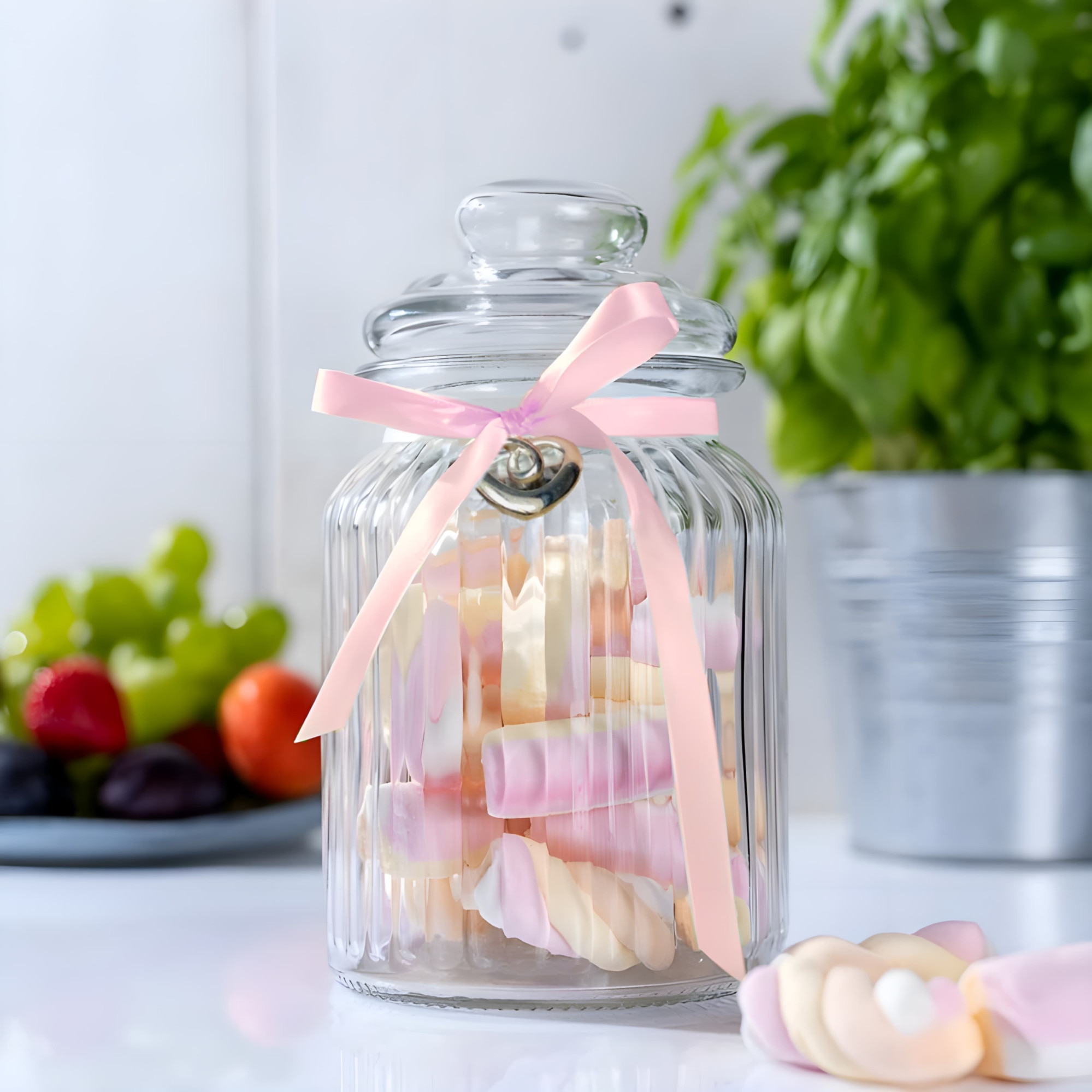 Set 3 borcane din sticla transparenta cu capac etans, fundita roz cu ...