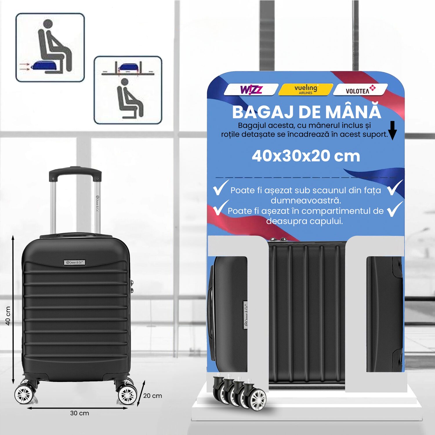 Troler cabina avion Quasar & Co.®, 40x30x20cm, bagaj de mana, valiza cu ...