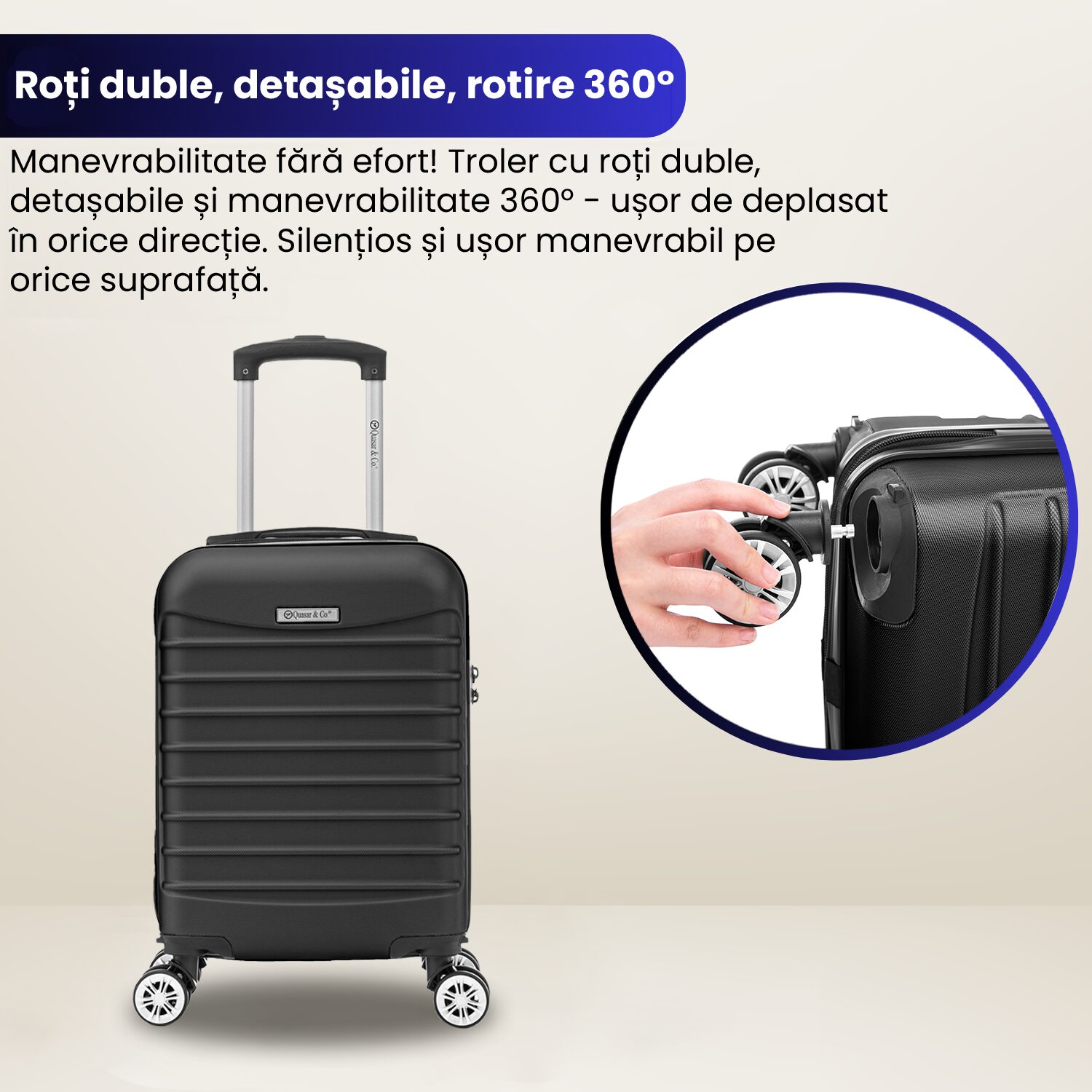 Troler cabina avion Quasar & Co.®, 40x30x20cm, bagaj de mana, valiza cu ...