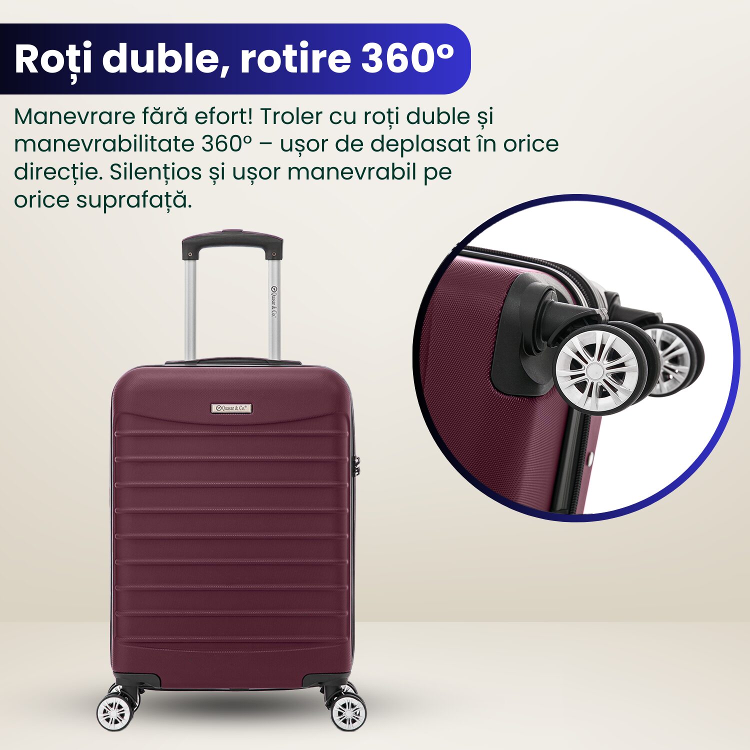 Troler cabina avion Quasar & Co.®, 55x36x20cm, bagaj de mana, valiza cu ...