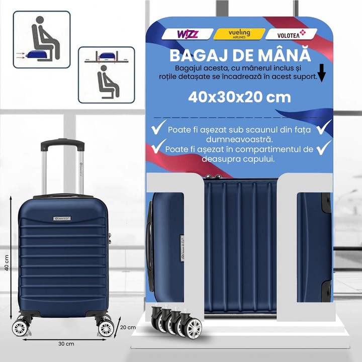 Troler cabina avion Quasar & Co.®, 40x30x20cm, bagaj de mana, valiza cu ...