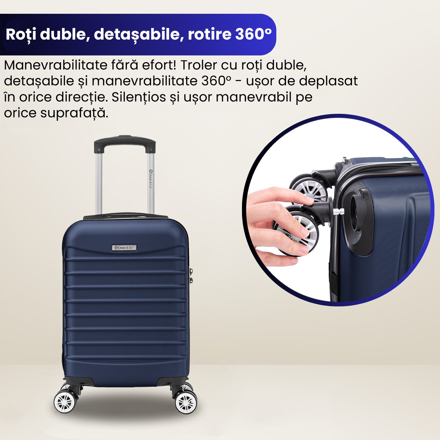 Troler cabina avion Quasar & Co.®, 40x30x20cm, bagaj de mana, valiza cu ...