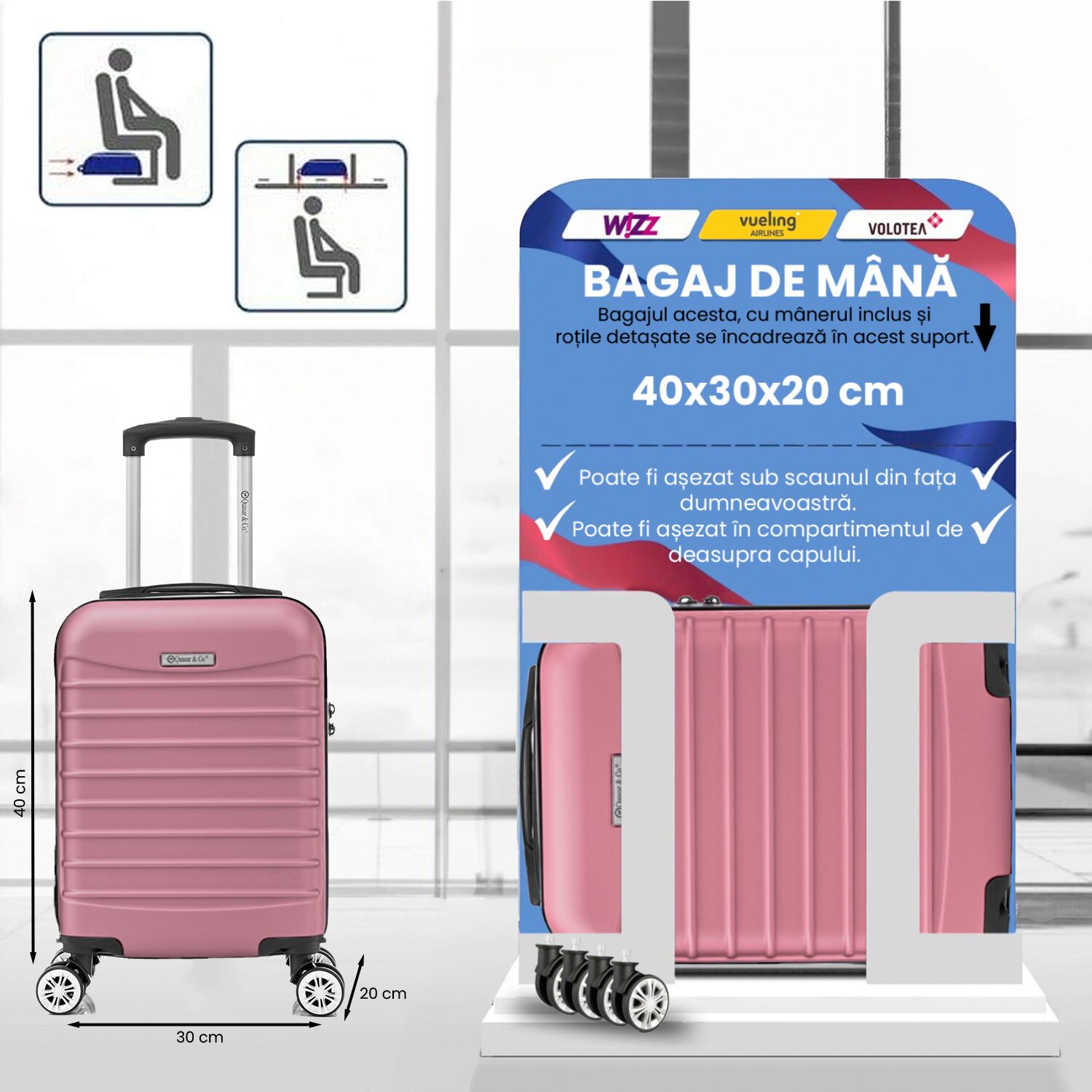 Troler cabina avion Quasar & Co.®, 40x30x20cm, bagaj de mana, troller ...