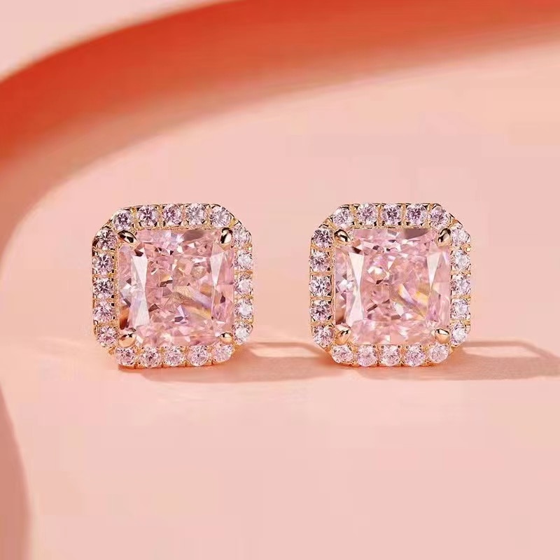 Cercei patrati cu pietre pretioase roz, Diva4u, Argint 925, 1.1cm, Roz ...