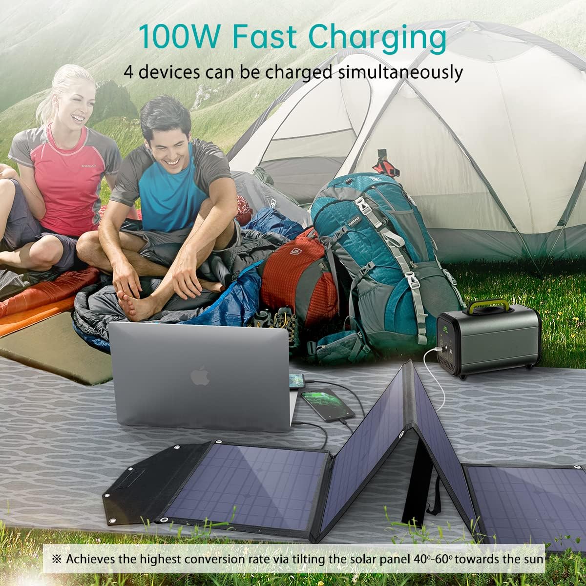 Panou solar portabil 100W 23.8V, pliabil, cu USB C PD 45W, port QC 18W ...