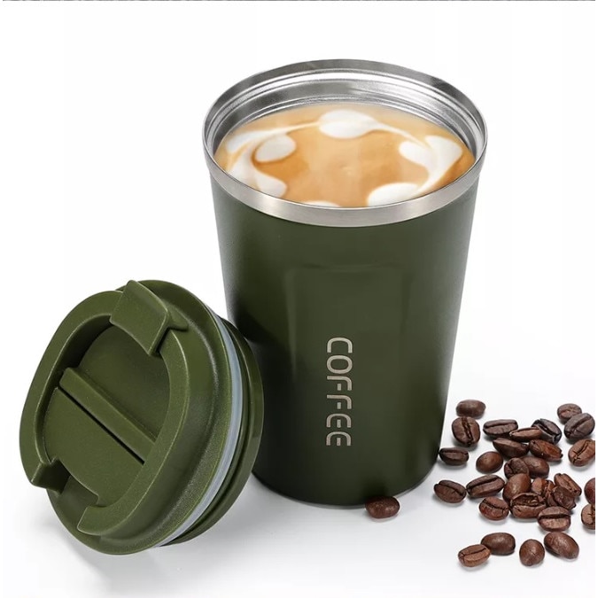 Cana termos cafea inox, 380ml, Military Green, HikerZ - eMAG.ro
