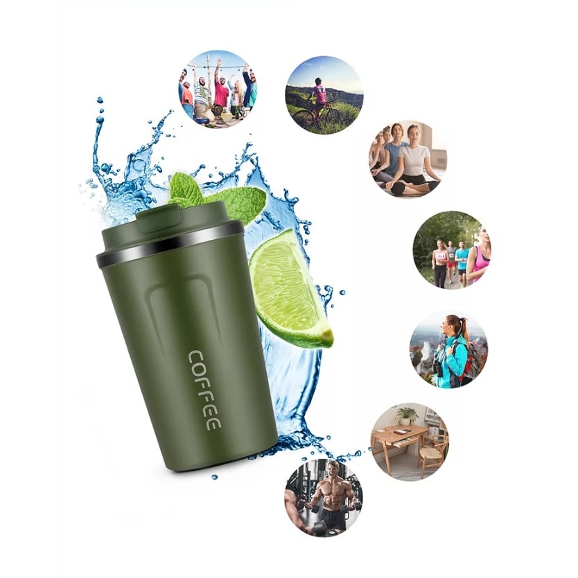 Cana termos cafea inox, 380ml, Military Green, HikerZ - eMAG.ro