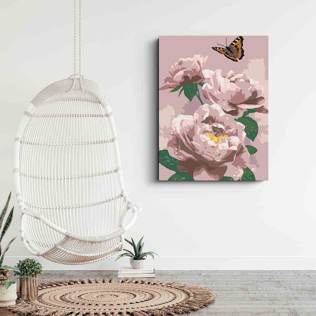 Set pictura pe numere Flori roz si un fluture 3502, panza bumbac pe ...