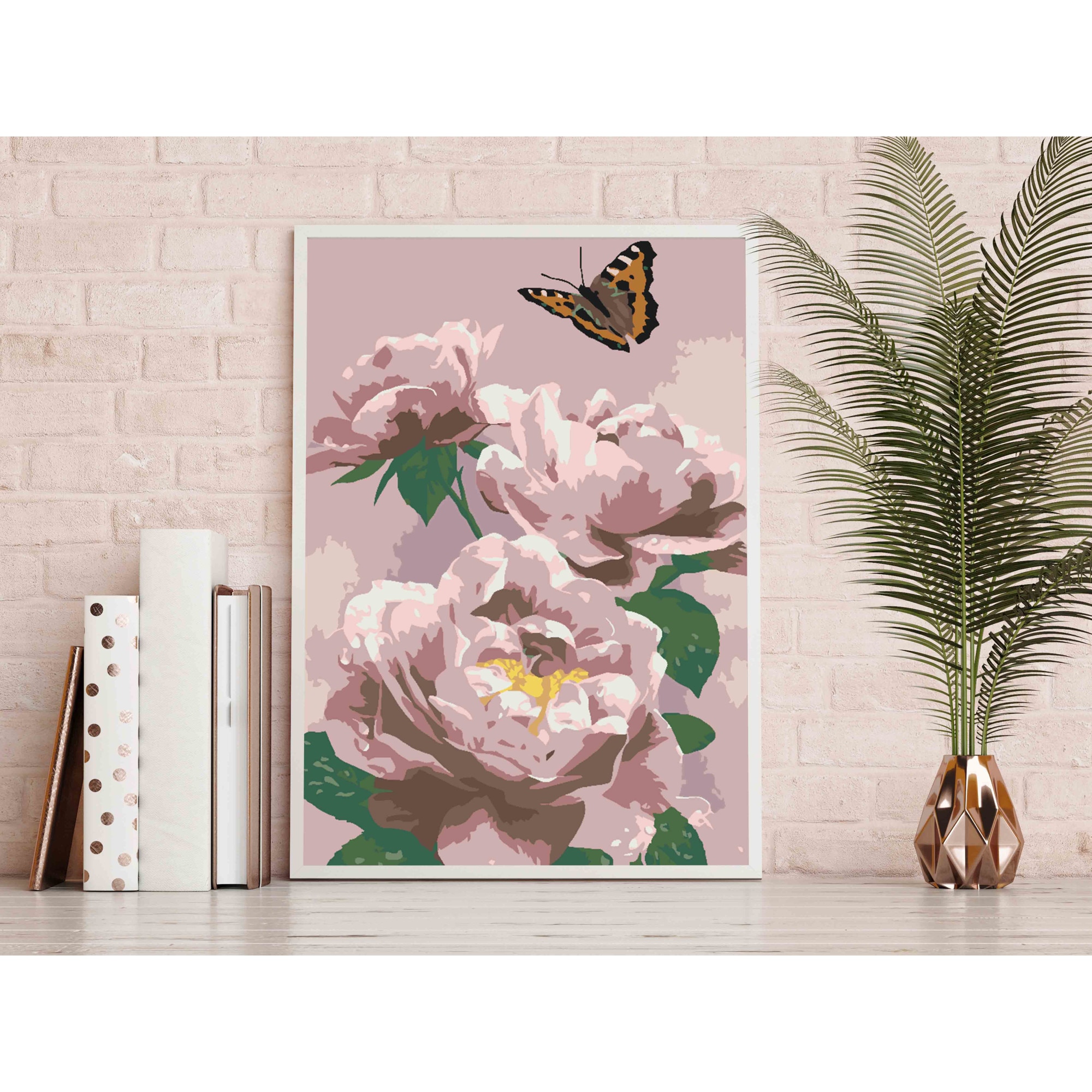 Set pictura pe numere Flori roz si un fluture 3502, panza bumbac pe ...