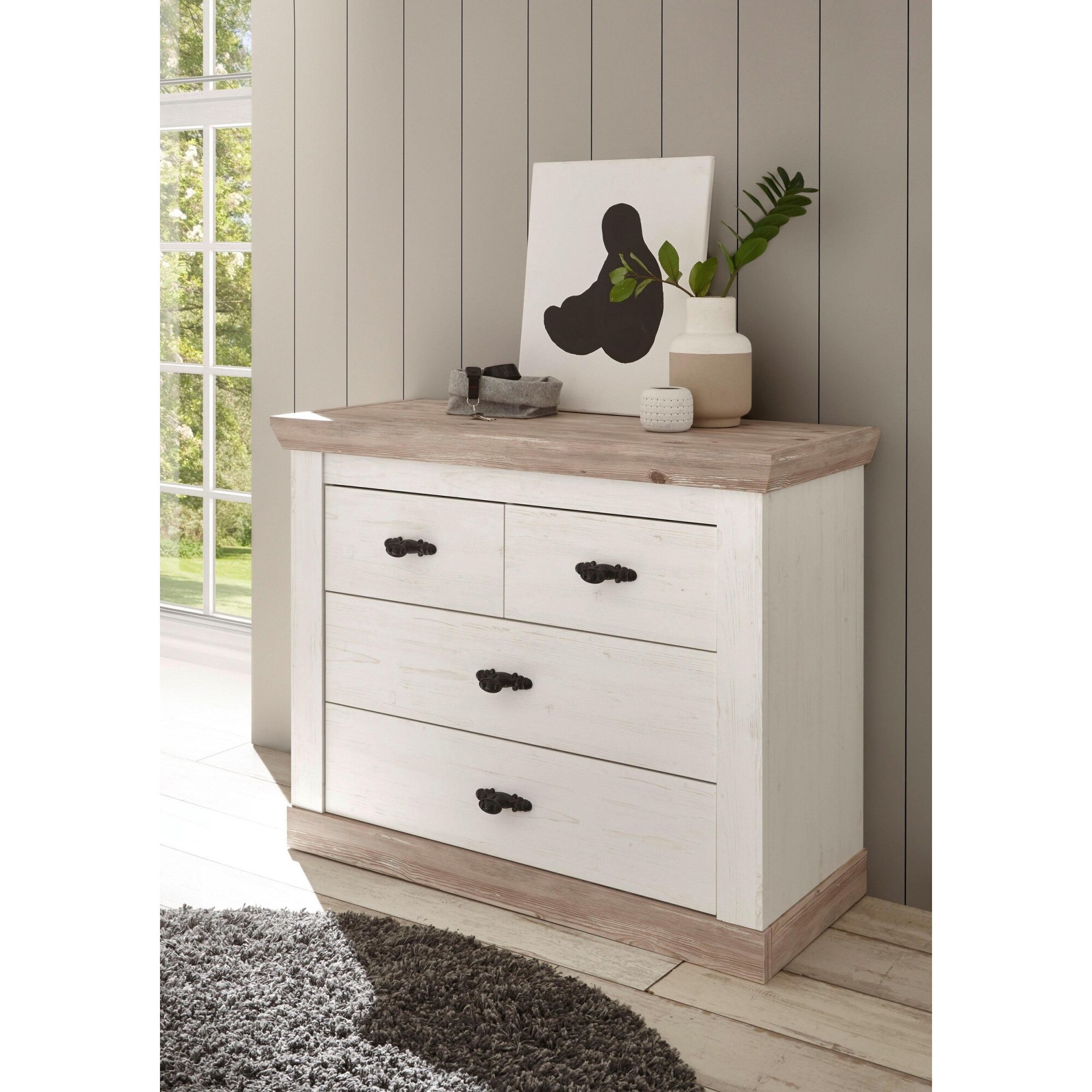 Comoda Florenz alba cu aspect de lemn, 4 sertare, 107 cm latime - eMAG.ro