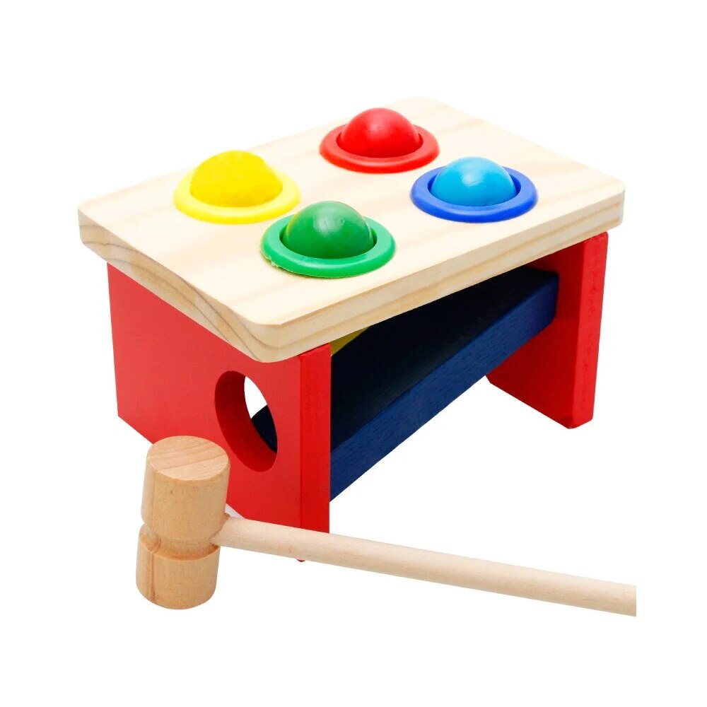 Banc Montessori din lemn cu ciocanel si 4 bile colorate, SARALMA® - eMAG.ro