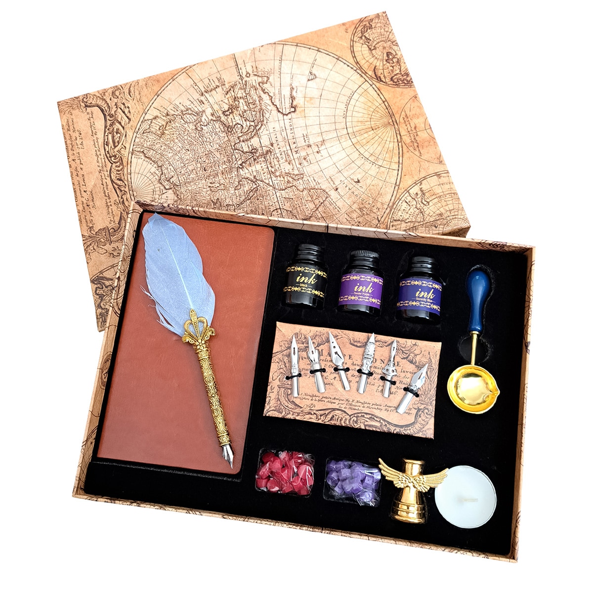 Set caligrafie vintage, stilou cu penita, calimara, sigiliu ceara, 6 ...