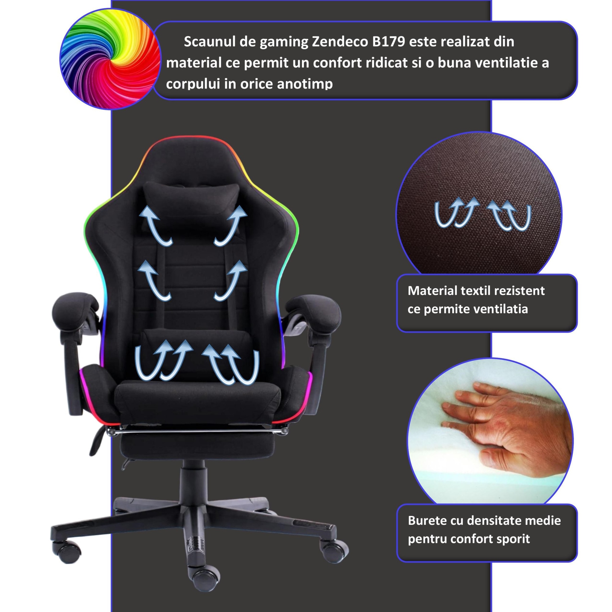 Scaun gaming B179 sistem iluminare banda LED RGB, textil negru cu ...