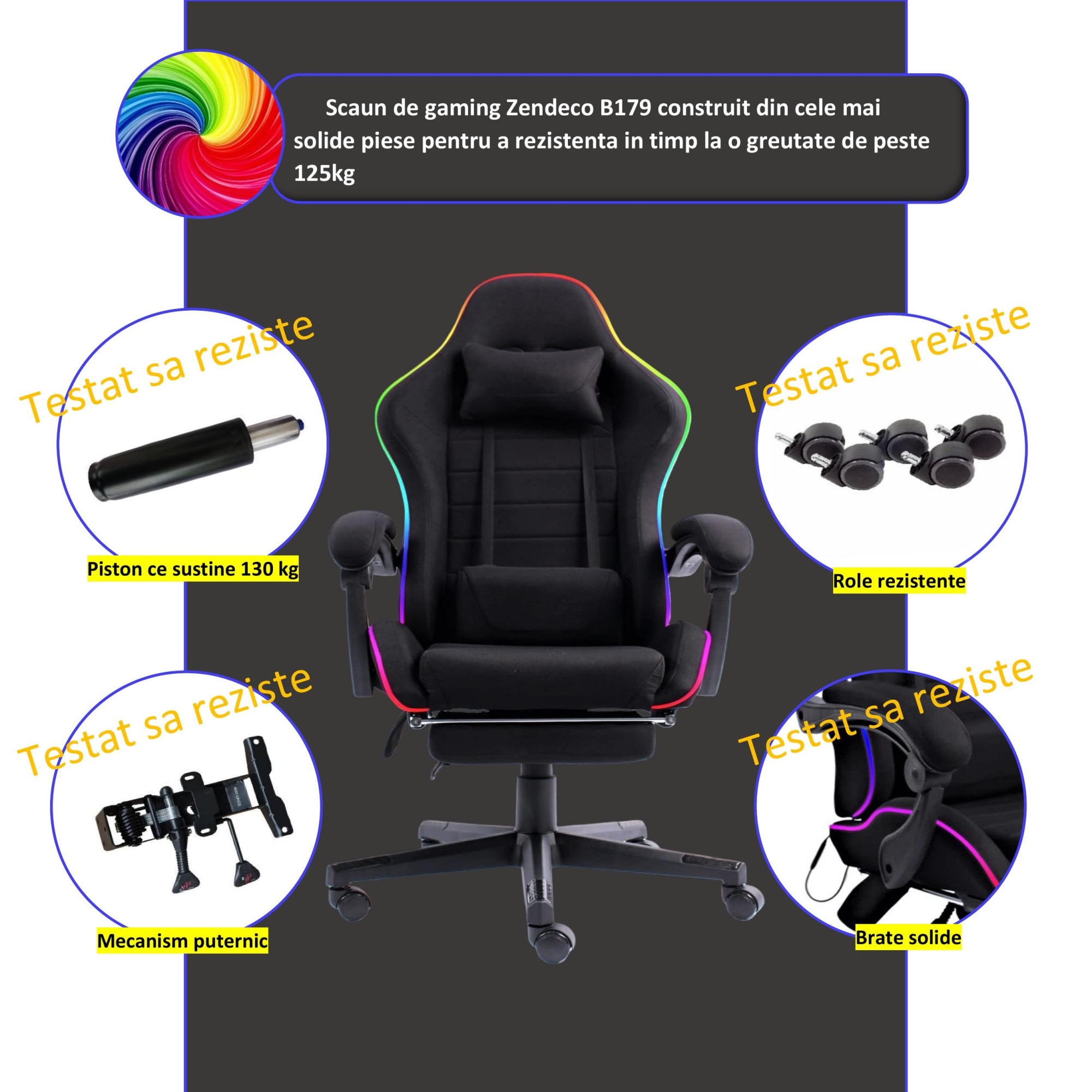 Scaun gaming B179 sistem iluminare banda LED RGB, textil negru cu ...