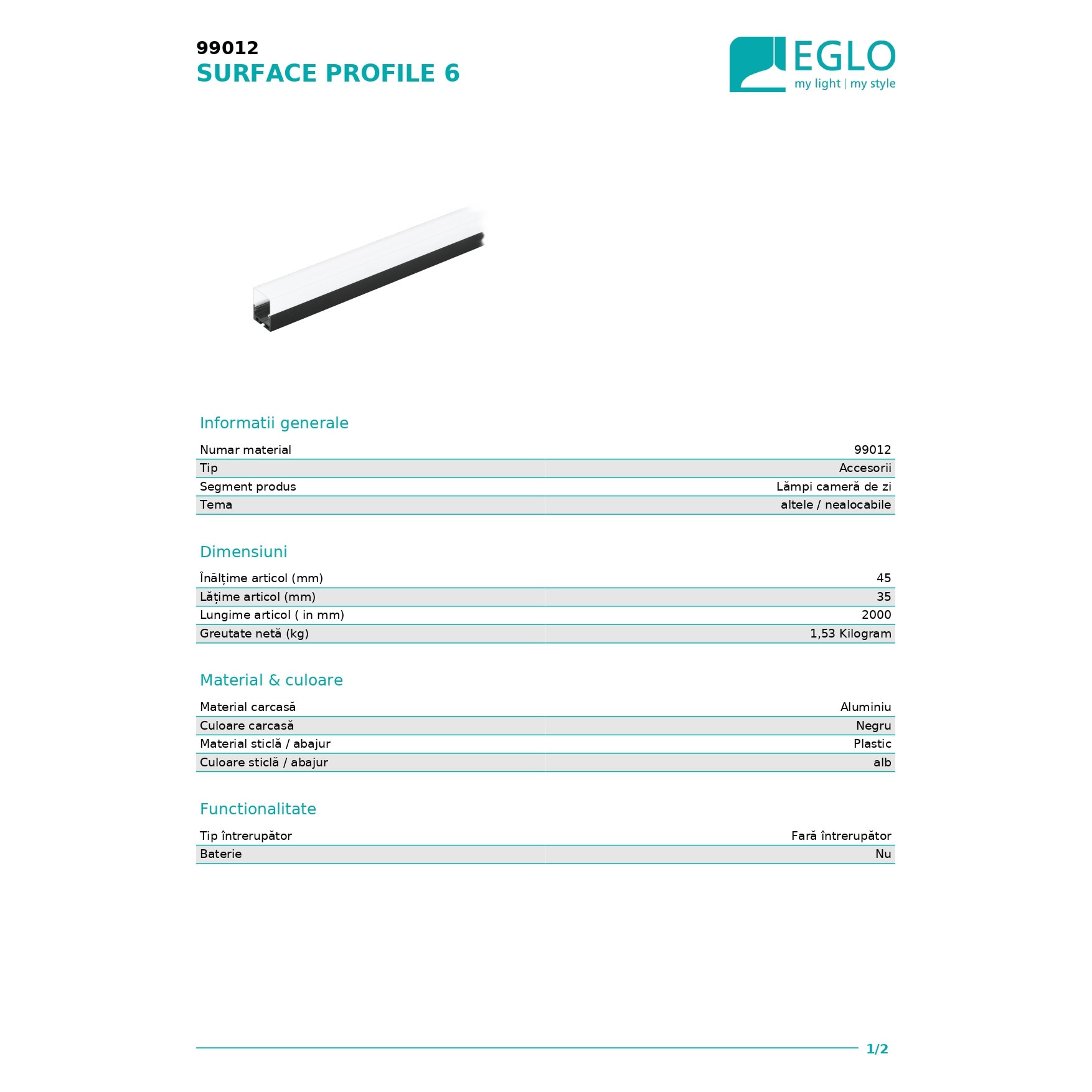 Profil aplicat banda LED EGLO 99012 Aluminiu 45mmx35mmx2000mm Negru ...