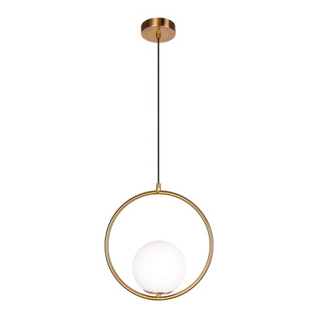 Pendul Globe, 1xE27, abajur alb laptos, detaliu circular metalic ...