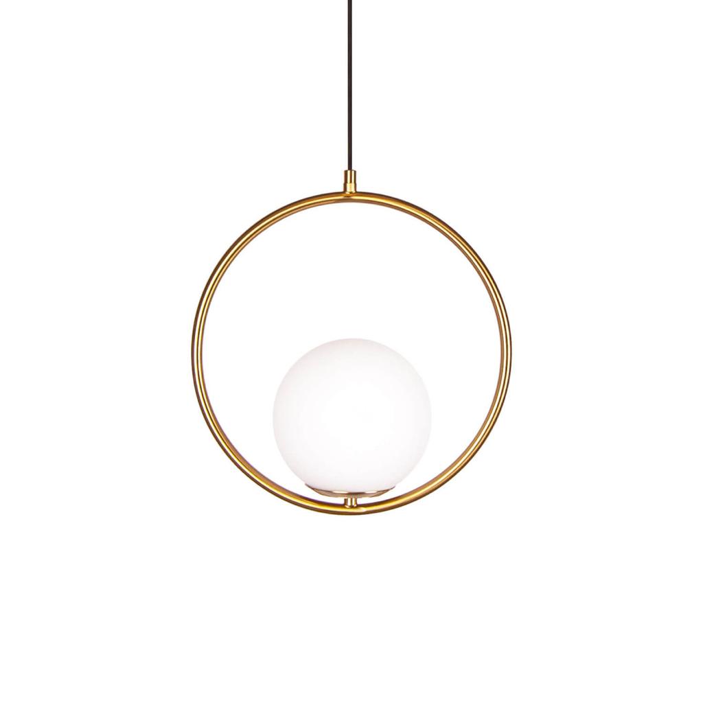 Pendul Globe, 1xE27, abajur alb laptos, detaliu circular metalic ...