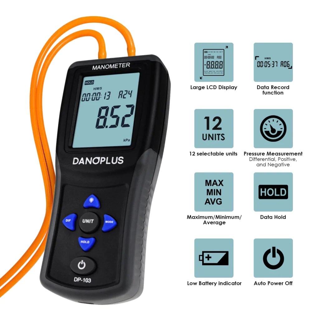 Manometru digital portabil pentru vid aer/gaz, E-ETOP, EMAN-334, 12 ...