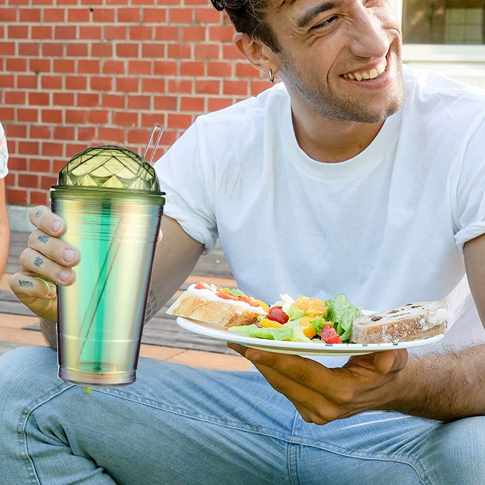 Pahar cu capac si pai, Plastic, 560ml, Verde - eMAG.ro