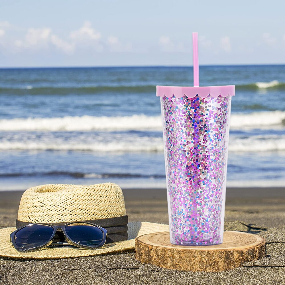 Pahar cu capac si pai, Plastic, 700 ml, Multicolor - eMAG.ro