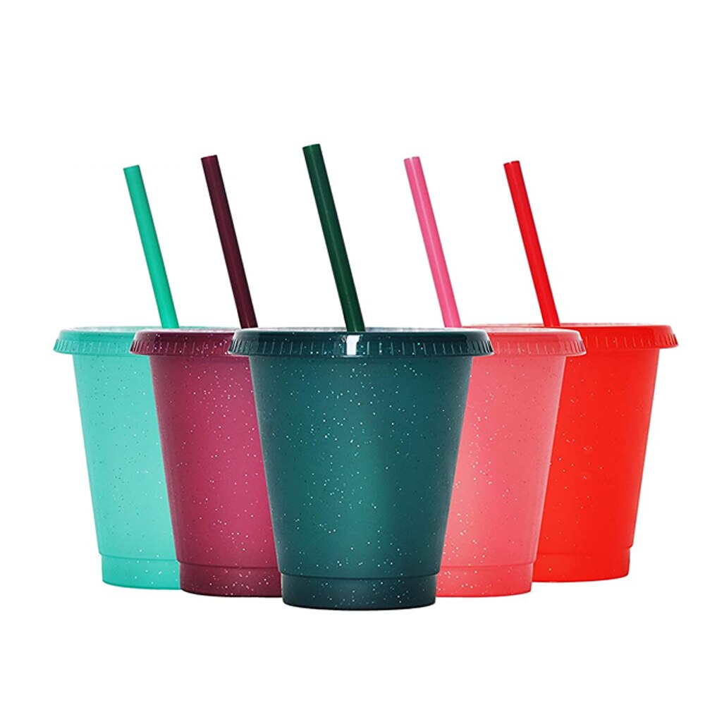 Set 5 pahare cu capac si pai, Plastic, Multicolor - eMAG.ro