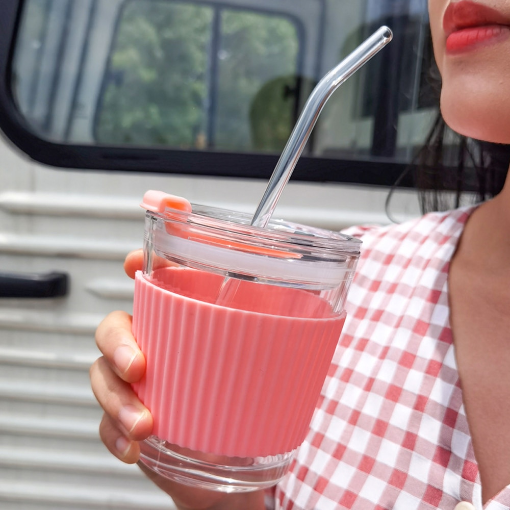Pahar cu capac si pai, Sticla, 350ml, Roz/Transparent - eMAG.ro