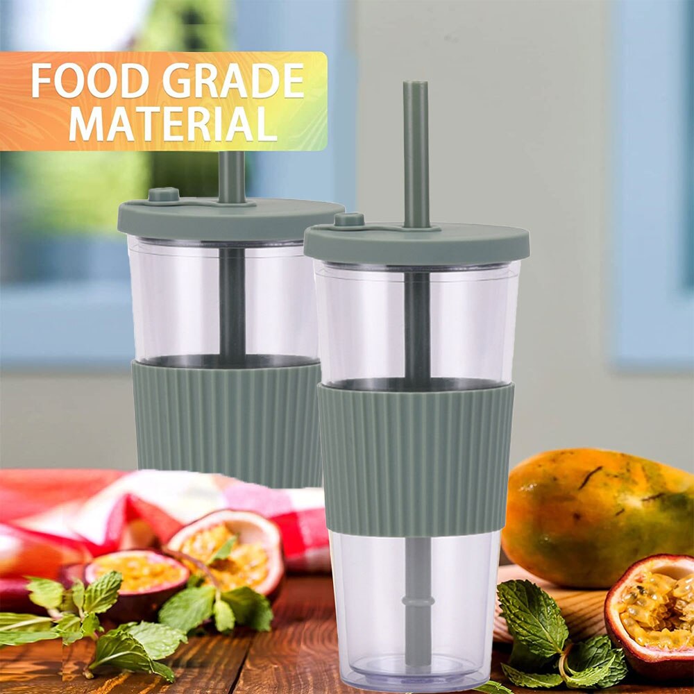 Pahar cu capac si pai, Plastic, 700ml, Verde/Transparent - eMAG.ro