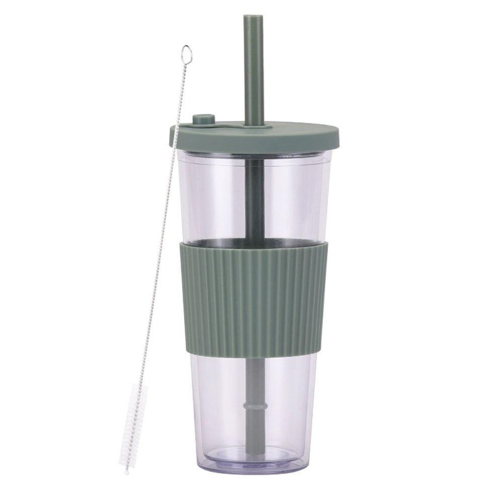 Pahar cu capac si pai, Plastic, 700ml, Verde/Transparent - eMAG.ro