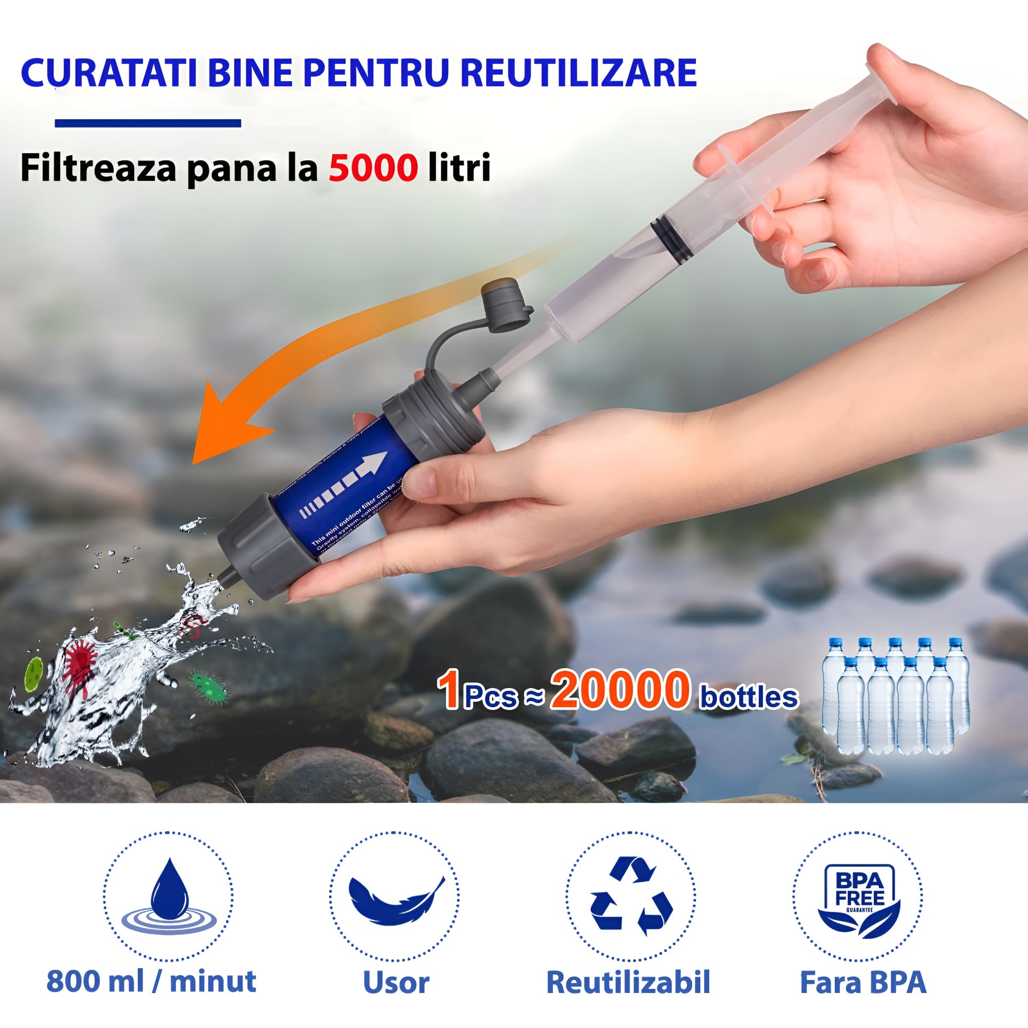 Filtru de apa profesional, ZEQAS, portabil, potrivit pentru excursii ...