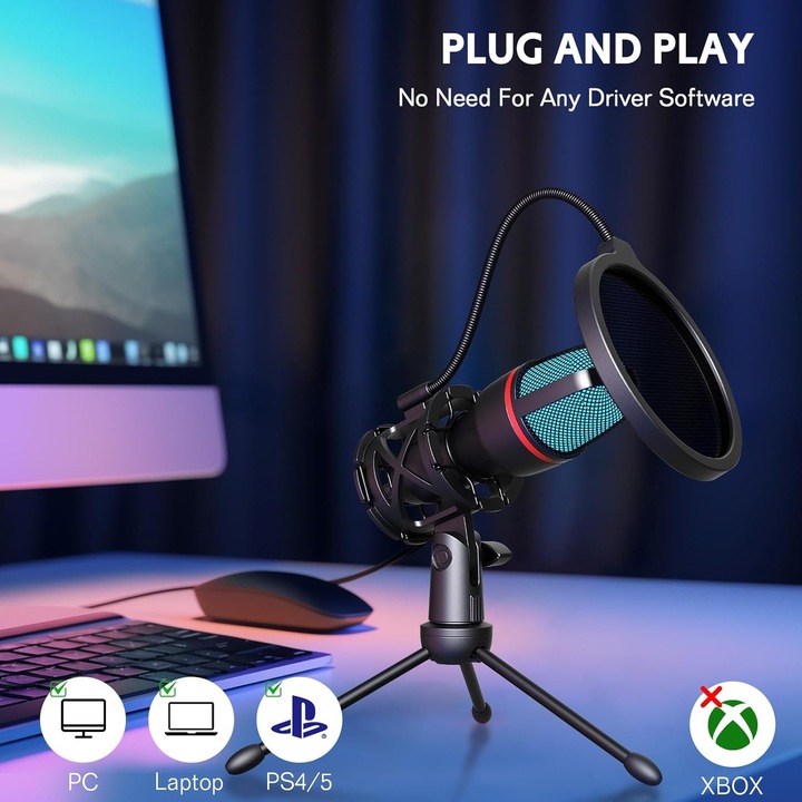 Microfon Gaming, pentru Streaming, BYONDSELF®, iluminare RGB, Sistem ...