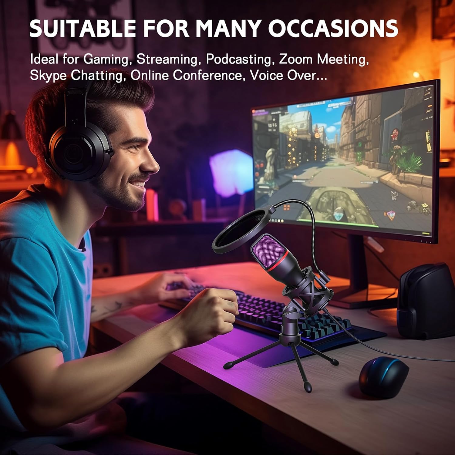 Microfon Gaming, pentru Streaming, BYONDSELF®, iluminare RGB, Sistem ...