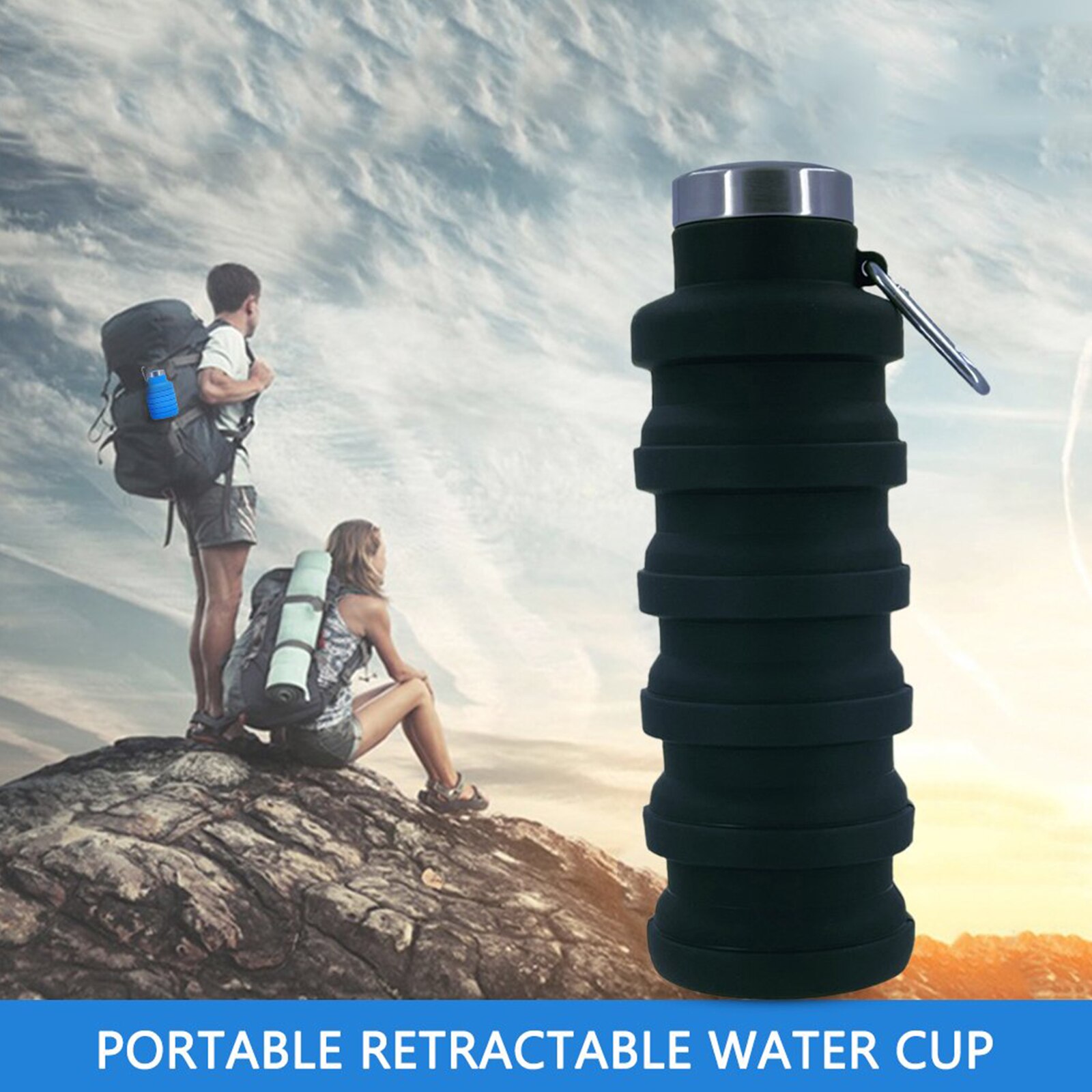 Bidonas apa pliabil si portabil, Darklove, Cu capac metalic si clema prindere, Capacitate maxima ...