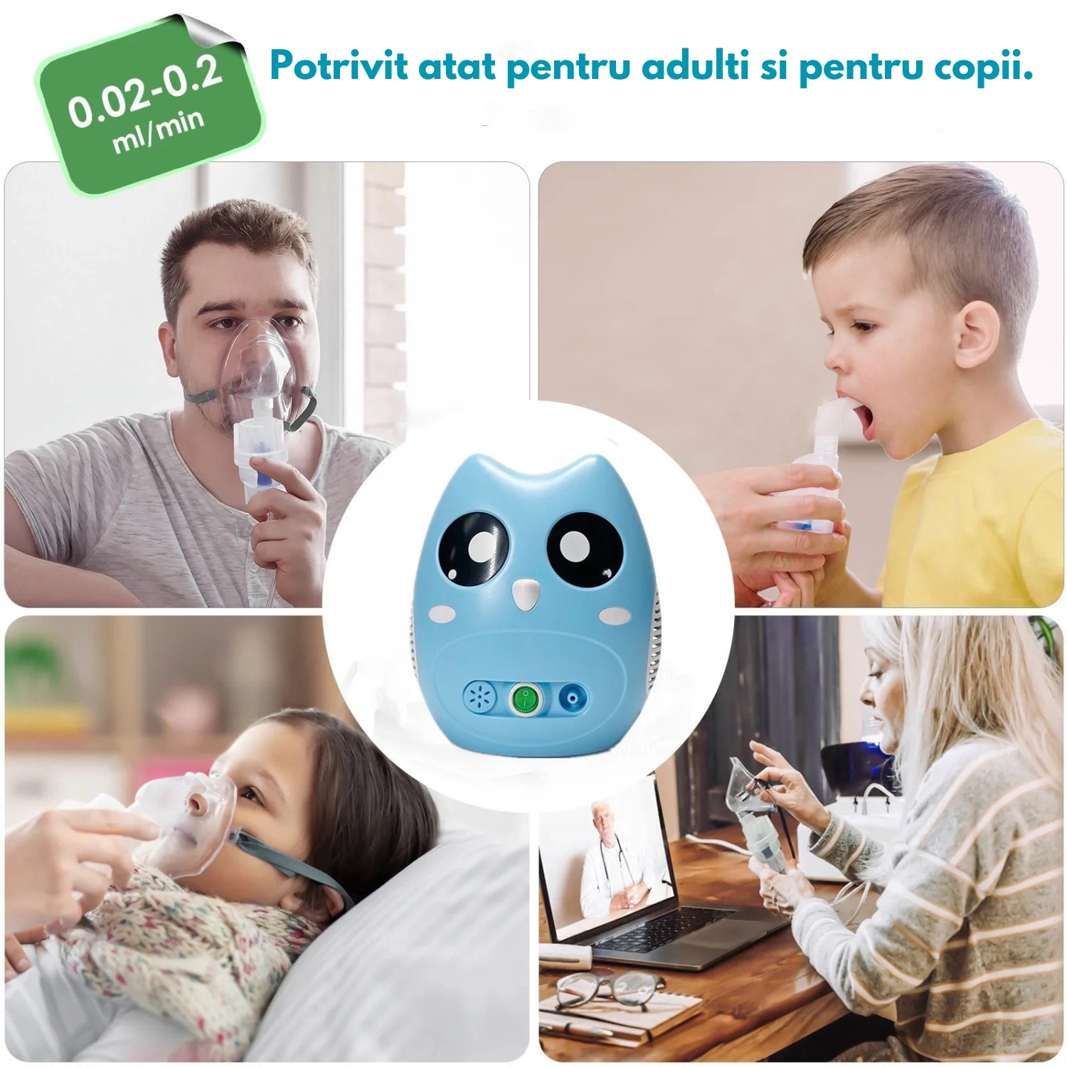 Aparat aerosoli inhalator Blue Owl, nebulizator cu compresor, 0.2ml/min ...