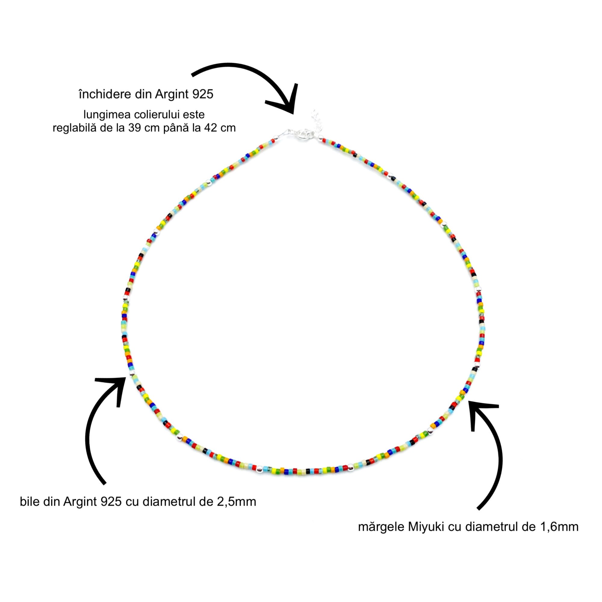 Colier cu bile din Argint 925 si margele Miyuki multicolor, reglabil 39 ...