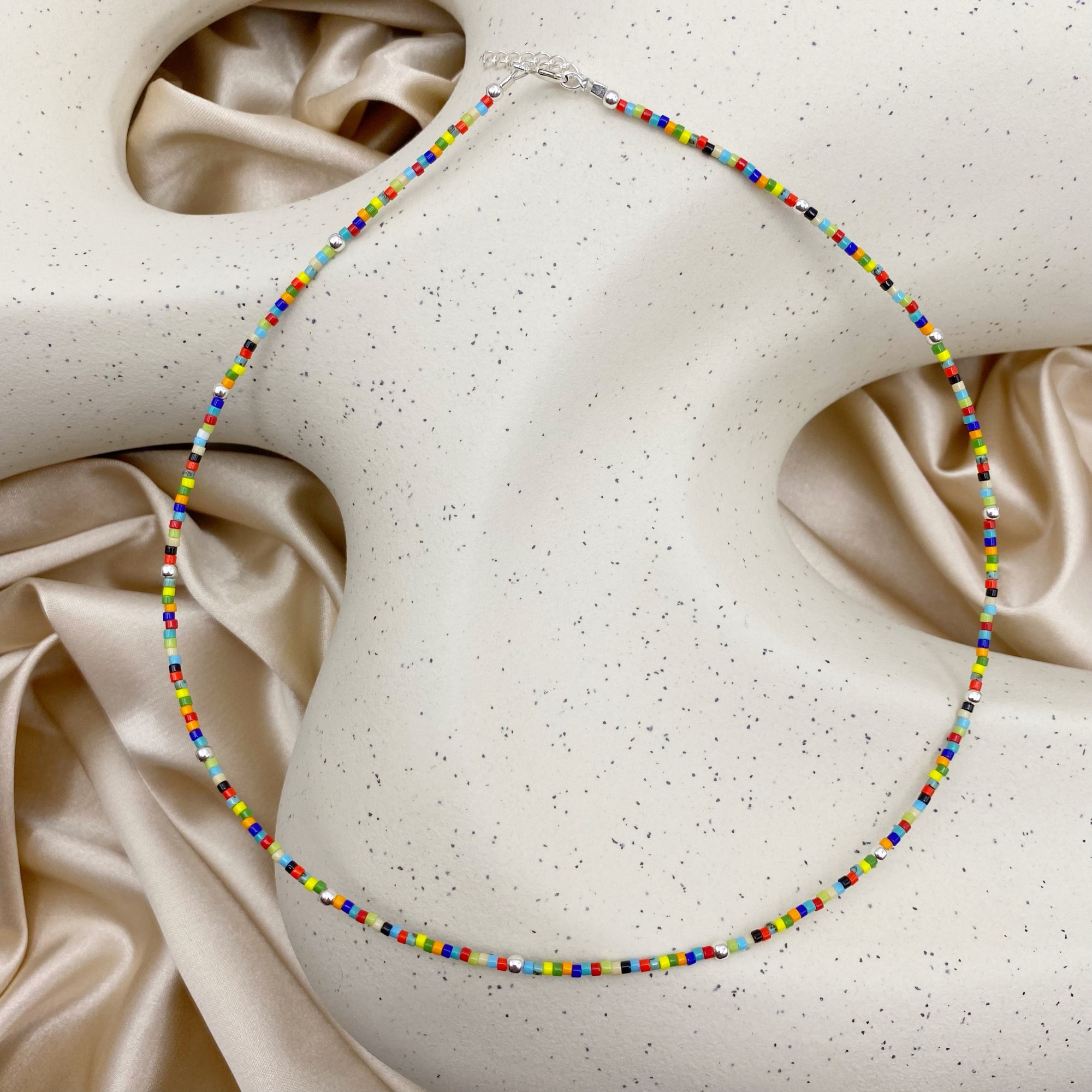 Colier cu bile din Argint 925 si margele Miyuki multicolor, reglabil 39 ...