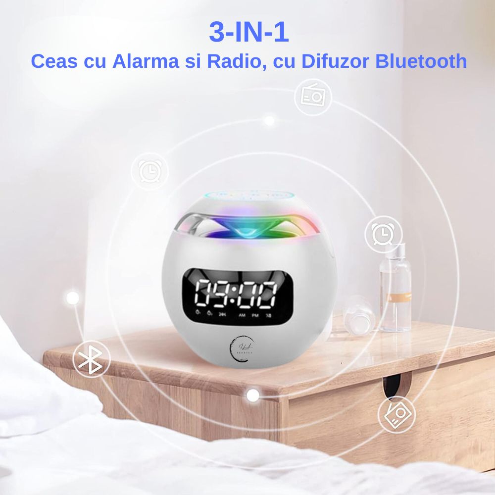 Radio cu ceas digital, portabil, cu alarma dubla, bluetooth, lumina LED si difuzor - eMAG.ro