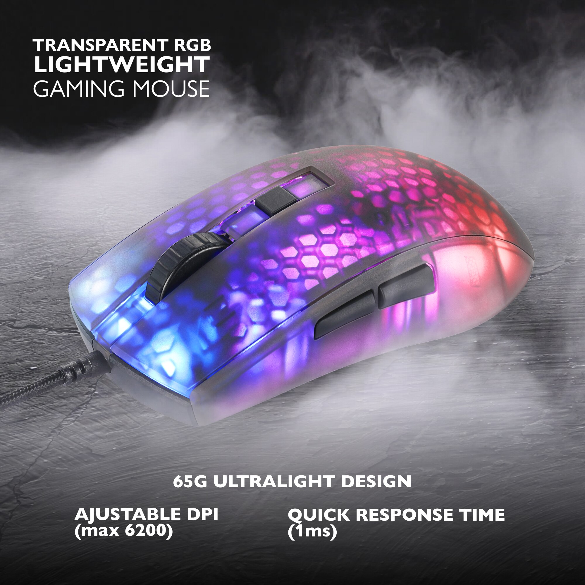 Mouse de gaming ultralight cu RGB Deltaco Gaming, semi-transparent ...