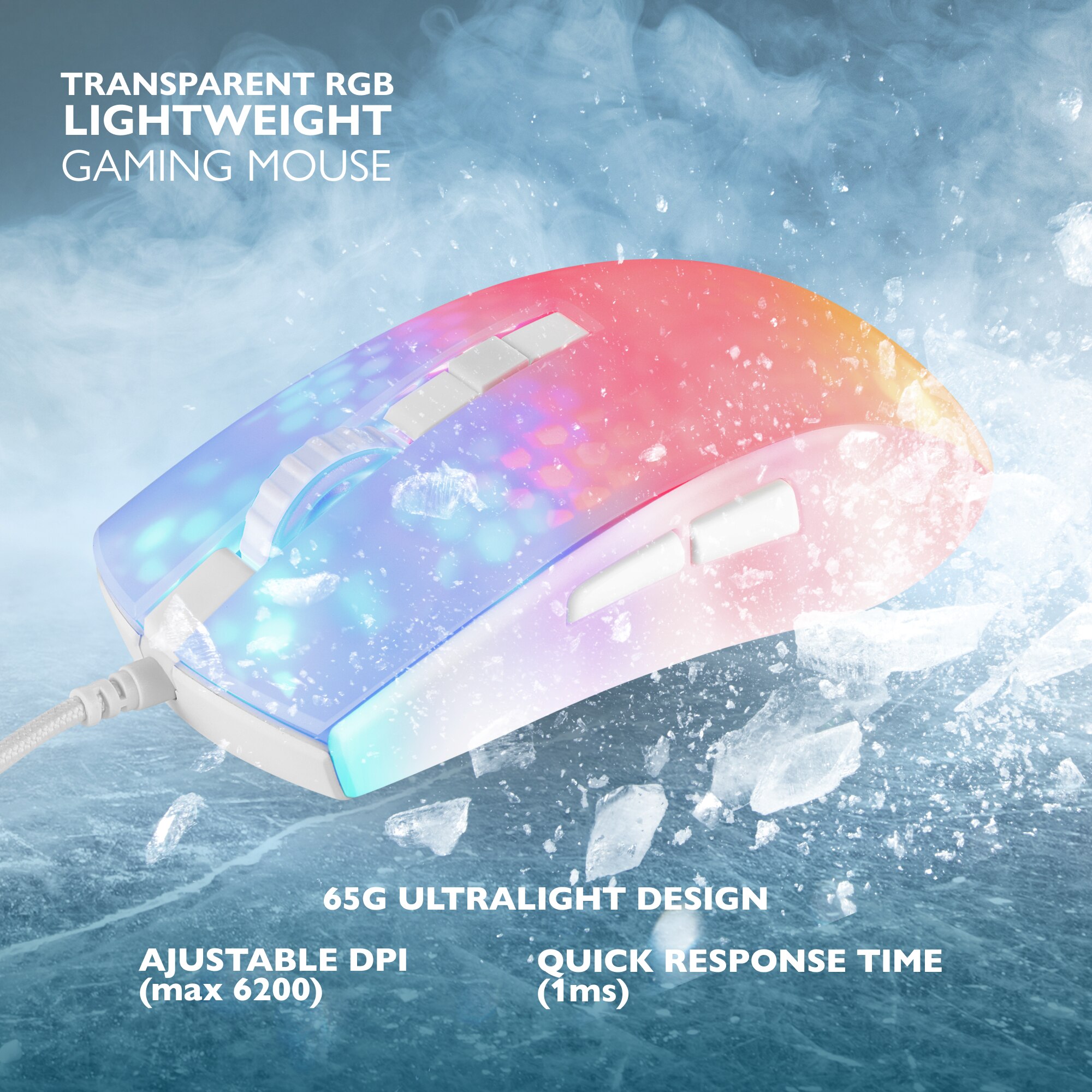 Mouse de gaming ultralight cu RGB Deltaco Gaming, semi-transparent, alb ...