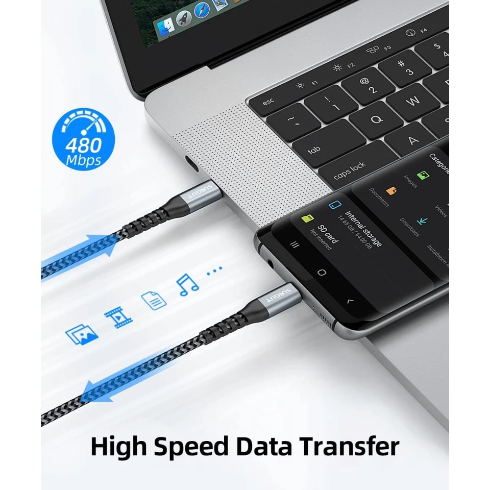 Set de 2 cabluri USB tip C 2.0 Sunguy, 60 W, 20V/ 3A, negru/gri, 2 m ...