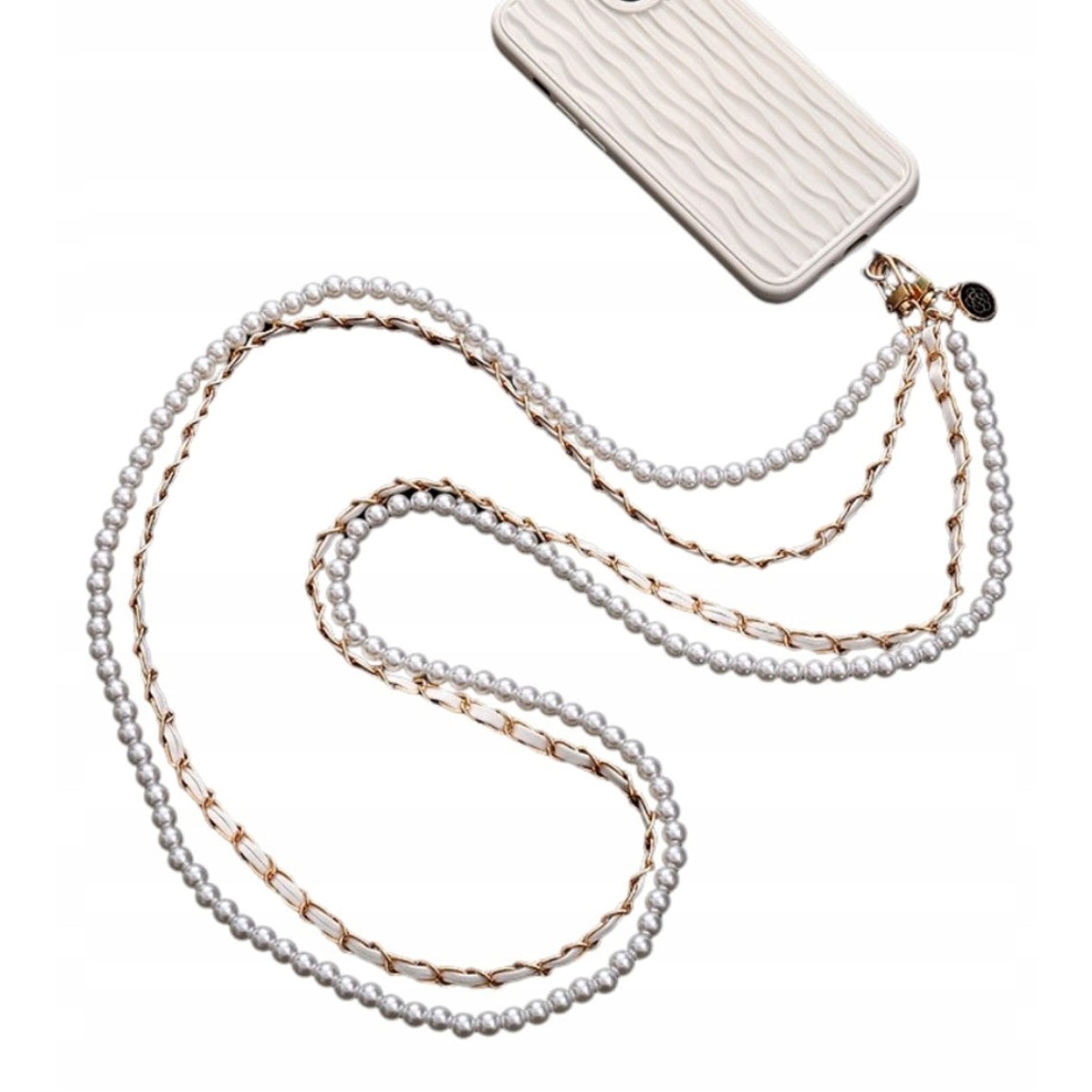 Snur telefon cu perle, 10 cm, Alb/Auriu - eMAG.ro