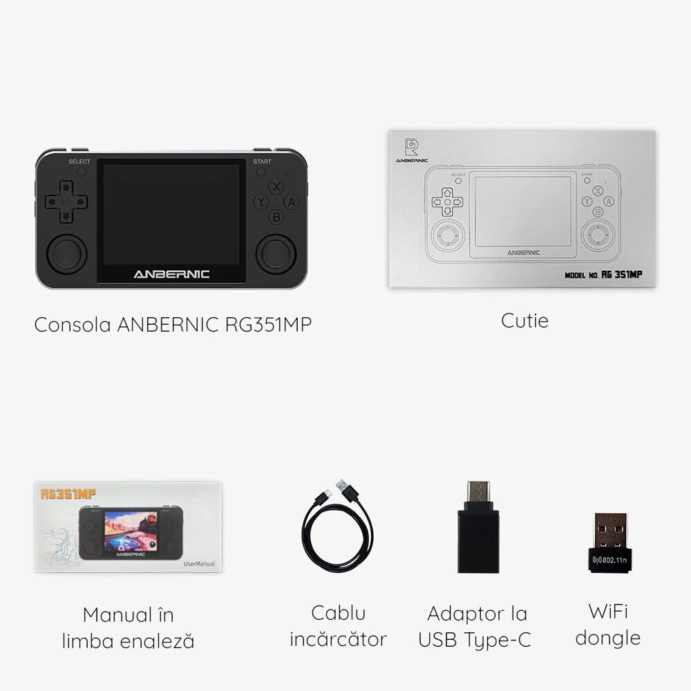 Consola de joc ANBERNIC RG351MP, culoare neagra, portabila, cu suport ...