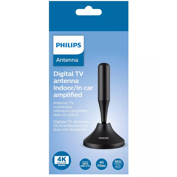 Antena TV, Philips, HDTV/4K/UHF/VHF/FM, Interior, Cu amplificator de 24 ...