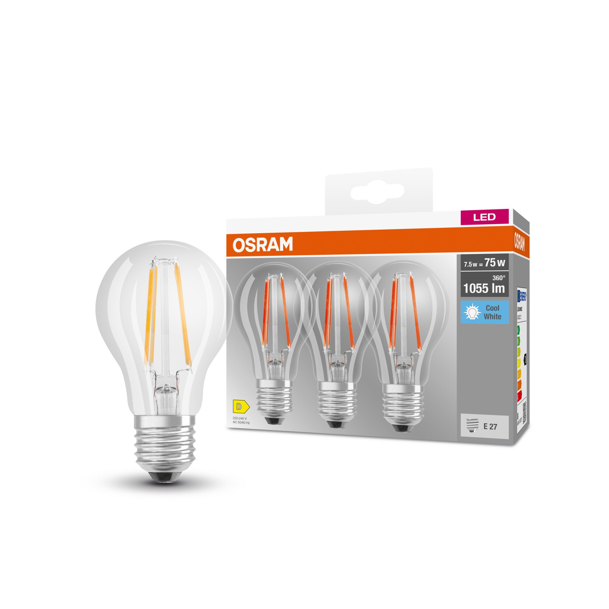Set 3 becuri LED Osram Filament, E27, 7.5W (75W), 1055 lm, lumina ...